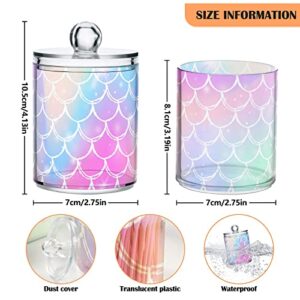 2 Pack Qtip Holder Dispenser for Cotton Ball Rainbow Scales Mermaid Cotton Swab Cotton Round Pads Clear Plastic Acrylic Jar Set Bathroom Canister