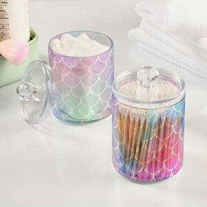 2 Pack Qtip Holder Dispenser for Cotton Ball Rainbow Scales Mermaid Cotton Swab Cotton Round Pads Clear Plastic Acrylic Jar Set Bathroom Canister