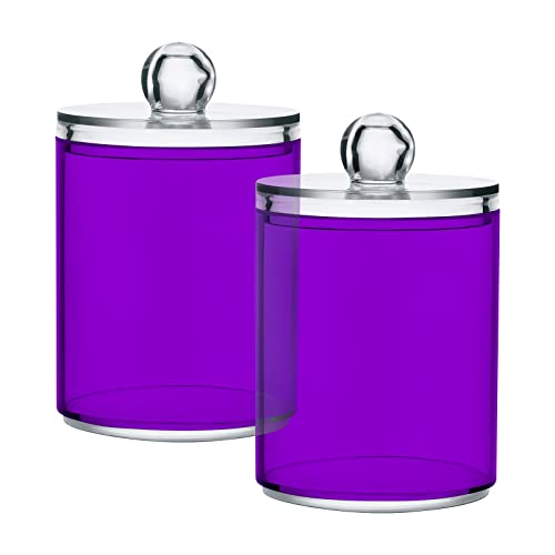 Purple Qtip Holder Organizer Dispenser Cotton Swabs Cans Plastic Jars with Lid Set 2 Pack Bathroom Storage Canister for Cotton Ball Floss Cotton Pads