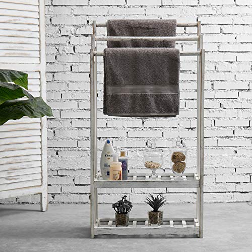 MyGift 3 Tier Farmhouse Whitewashed Solid Wood Bathroom Towel Rack, Freestanding Bath Towel Drying Holder Stand with 2 Slatted Bottom Storage Organizer Shelf