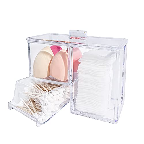 TECHMERI Cotton Swabs Holder Q Tips Holder Cotton Pads Holder Cotton Ball Holder Container with Lid Dispenser, Clear Bathroom Vanity Makeup Organizer