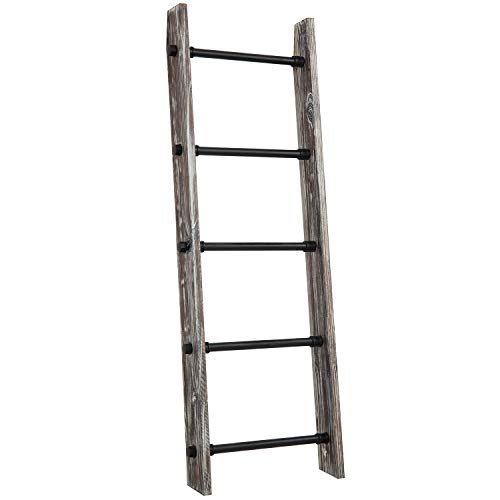 MyGift 4 Ft Torched Wood Farmhouse Blanket Ladder with 5 Matte Black Industrial Pipe Rungs, Wall Leaning Bathroom Towel Ladder Rack