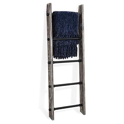 MyGift 4 Ft Torched Wood Farmhouse Blanket Ladder with 5 Matte Black Industrial Pipe Rungs, Wall Leaning Bathroom Towel Ladder Rack