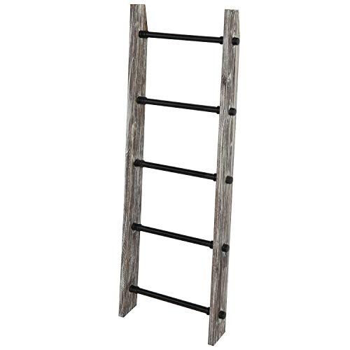 MyGift 4 Ft Torched Wood Farmhouse Blanket Ladder with 5 Matte Black Industrial Pipe Rungs, Wall Leaning Bathroom Towel Ladder Rack