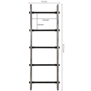 MyGift 4 Ft Torched Wood Farmhouse Blanket Ladder with 5 Matte Black Industrial Pipe Rungs, Wall Leaning Bathroom Towel Ladder Rack