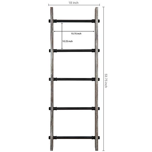 MyGift 4 Ft Torched Wood Farmhouse Blanket Ladder with 5 Matte Black Industrial Pipe Rungs, Wall Leaning Bathroom Towel Ladder Rack