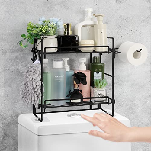 SHINOSKE Over The Toilet Storage, 2 Tier Bathroom Organizer Shelves Over Toilet and Wall Mounted Design, No Drilling Needed to Save Space, with Hook and Paper Holder（Black）