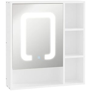 kleankin led light medicine cabinet with mirror door, wall-mounted bathroom vanity organizer with dimmer touch switch, and usb charge, white