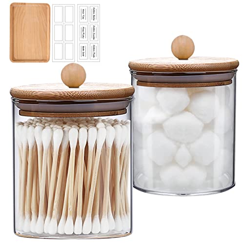 OZZEGCOO Qtip Holder with Bamboo Lids, 16pcs Glass Bathroom Apothecary Jars Set