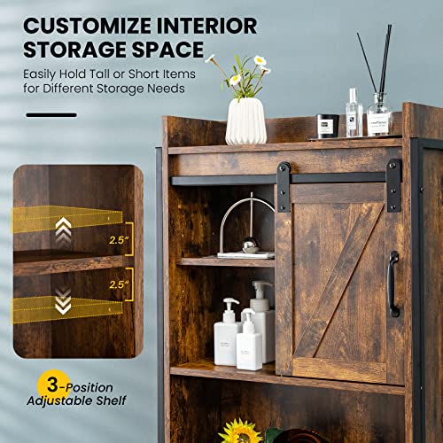 Giantex Over The Toilet Storage Cabinet, 4-Tier Bathroom Organizer w/ 3-Position Adjustable Shelves & Sliding Barn Door, Freestanding Toilet Space Saver Shelf for Bathroom, Laundry (Rustic Brown)