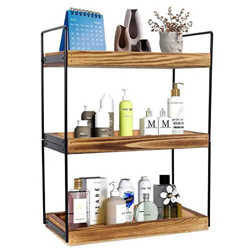 3 Tiers Bathroom Storage Organizer, Wooden Bathroom Countertop, Bathroom Trays and Kitchen Spice Rack for Counter