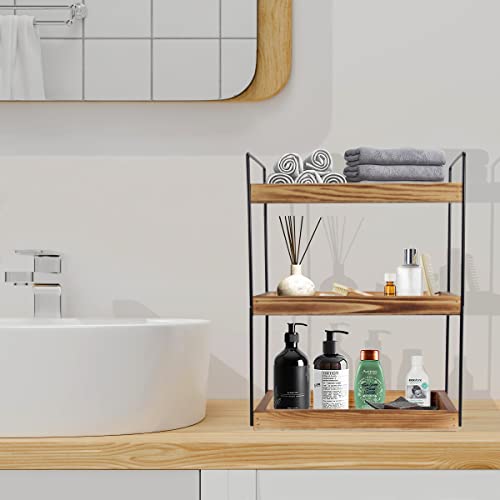 3 Tiers Bathroom Storage Organizer, Wooden Bathroom Countertop, Bathroom Trays and Kitchen Spice Rack for Counter