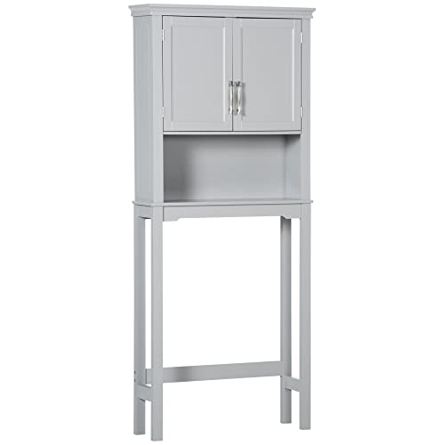 kleankin Modern Over The Toilet Storage Cabinet, Double Door Bathroom Organizer with Inner Adjustable Shelf and Open Shelf, Grey