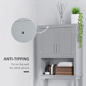 kleankin Modern Over The Toilet Storage Cabinet, Double Door Bathroom Organizer with Inner Adjustable Shelf and Open Shelf, Grey