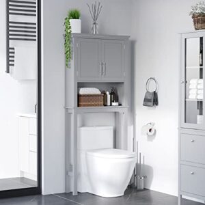 kleankin Modern Over The Toilet Storage Cabinet, Double Door Bathroom Organizer with Inner Adjustable Shelf and Open Shelf, Grey