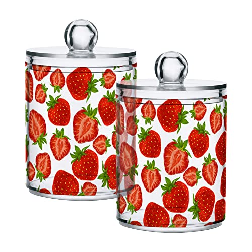 Kigai 2 Pack Apothecary Jars Fresh Strawberry Qtip Holder Organizer Clear Airtight Container for Cotton Swabs Food Storage 14oz Plastic Jars with Lids