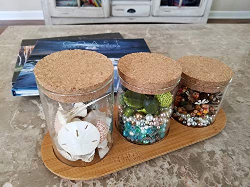 SplashSoup Glass Jar Set on Bamboo Tray, Natural Cork Lids, Bath Item Qtip Cotton Ball Canisters, Seasonal Display Decor, Centerpiece