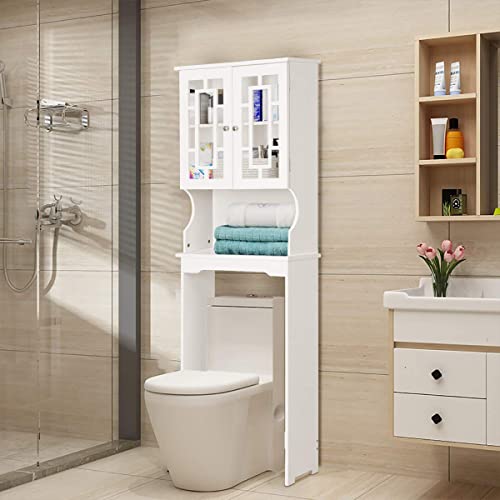 Giantex Over-The-Toilet Bathroom Storage Space Saver W/Adjustable Shelf and 2-Door Collect Cabinet Toilet Storage Organizer Rack (White)