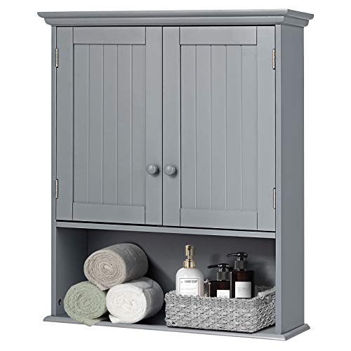 GLACER 2-Door Bathroom Medicine Cabinet, Hanging Sorage Cabinet with Open Shelf, Kitchen Laundry Wall Cabinet with Adjustable Shelf, 23.5 x 8 x 28 inches (Grey)