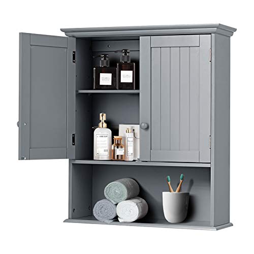 GLACER 2-Door Bathroom Medicine Cabinet, Hanging Sorage Cabinet with Open Shelf, Kitchen Laundry Wall Cabinet with Adjustable Shelf, 23.5 x 8 x 28 inches (Grey)