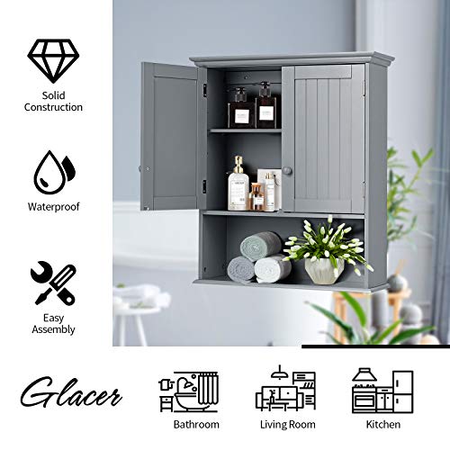 GLACER 2-Door Bathroom Medicine Cabinet, Hanging Sorage Cabinet with Open Shelf, Kitchen Laundry Wall Cabinet with Adjustable Shelf, 23.5 x 8 x 28 inches (Grey)