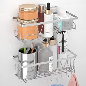 gardiger shower caddy organizer, 2 pack stainless steel shower shelf with 6 hooks, no drilling adhesive hanging shower storage basket for bathroom kitchen (silver)