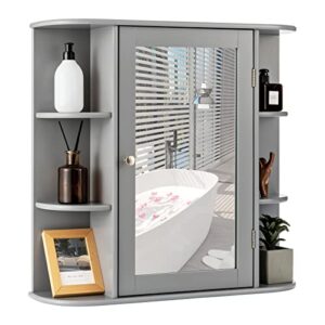 giantex mirrored bathroom medicine cabinet - wall mounted bathroom hanging cabinet with single door, 3 adjustable shelves, storage cabinet for hallway, living room, wall cabinet over toilet (gray)