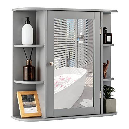 Giantex Mirrored Bathroom Medicine Cabinet - Wall Mounted Bathroom Hanging Cabinet with Single Door, 3 Adjustable Shelves, Storage Cabinet for Hallway, Living Room, Wall Cabinet Over Toilet (Gray)