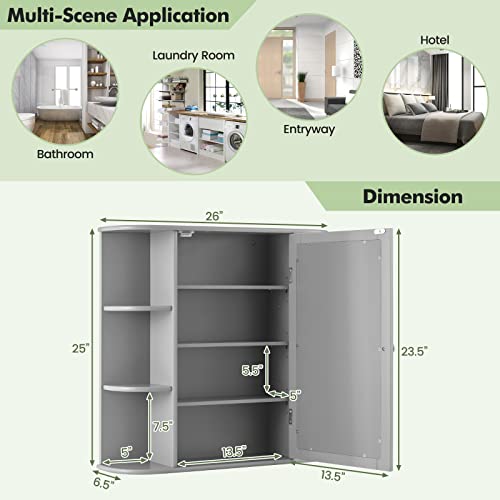 Giantex Mirrored Bathroom Medicine Cabinet - Wall Mounted Bathroom Hanging Cabinet with Single Door, 3 Adjustable Shelves, Storage Cabinet for Hallway, Living Room, Wall Cabinet Over Toilet (Gray)