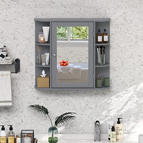 Giantex Mirrored Bathroom Medicine Cabinet - Wall Mounted Bathroom Hanging Cabinet with Single Door, 3 Adjustable Shelves, Storage Cabinet for Hallway, Living Room, Wall Cabinet Over Toilet (Gray)