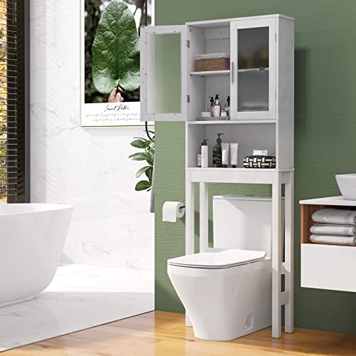 Giantex Over The Toilet Storage Cabinet, Freestanding Bathroom Cabinet w/ 2 Frosted Glass Doors, Inner 3-Position Adjustable Shelf, Open Storage Shelf, Bathroom Organizer & Space Saver, White