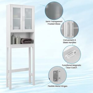 Giantex Over The Toilet Storage Cabinet, Freestanding Bathroom Cabinet w/ 2 Frosted Glass Doors, Inner 3-Position Adjustable Shelf, Open Storage Shelf, Bathroom Organizer & Space Saver, White