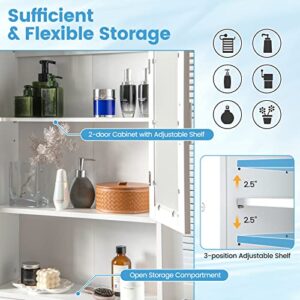 Giantex Over The Toilet Storage Cabinet, Freestanding Bathroom Cabinet w/ 2 Frosted Glass Doors, Inner 3-Position Adjustable Shelf, Open Storage Shelf, Bathroom Organizer & Space Saver, White