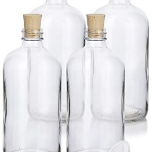 JUVITUS 16 oz Clear Glass Boston Round Bottle with Cork Stopper Closure (4 Pack) + Funnel