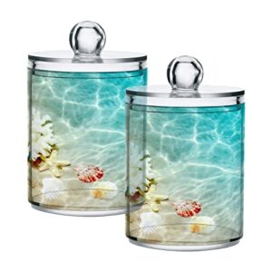 kigai starfish seashell summer beach qtip holder dispenser for cotton ball, cotton swab,plastic clear apothecary jar, home décor kitchen storage jar,2 pack