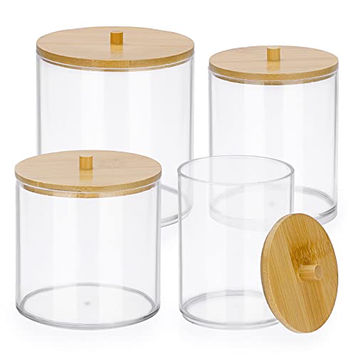 Hipiwe 4 Pack Acrylic Qtip Holder Dispenser with Lid Clear Plastic Apothecary Jar Set Large Bathroom Canister Storage Organizer for Cotton Swab and Ball, Cotton Round Pads, Floss (30+18+16+8 Oz)