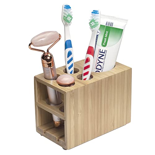 MobileVision Toothbrush and Toothpaste Holder Stand for Bathroom Vanity Storage, Bamboo, 5 Slots