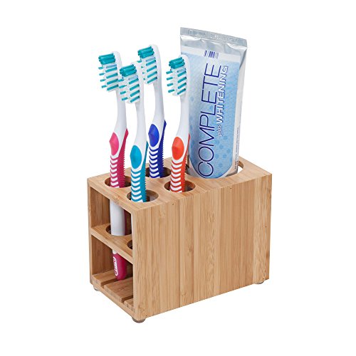 MobileVision Toothbrush and Toothpaste Holder Stand for Bathroom Vanity Storage, Bamboo, 5 Slots