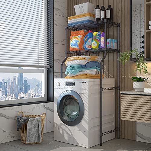 PHULJHADI Washer Storage Frames for Over Toilet,Bathroom Tower Shelf Bathroom Rack,2-Tier Over Washinghine Storage Rack Metal Behind The Toilet Shelving Unit Expandable Laundry Room Washer Dryer/Blac