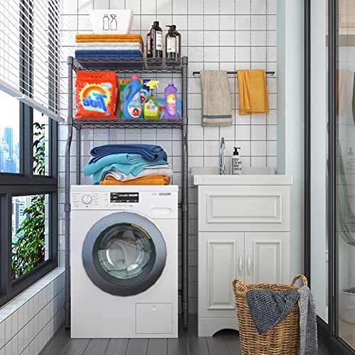 PHULJHADI Washer Storage Frames for Over Toilet,Bathroom Tower Shelf Bathroom Rack,2-Tier Over Washinghine Storage Rack Metal Behind The Toilet Shelving Unit Expandable Laundry Room Washer Dryer/Blac