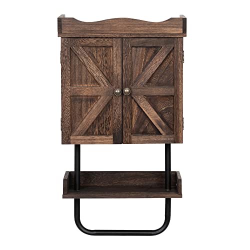 Sardoxx Bathroom Hanging Wall Cabinet, Rustic Wall Mounted Medicine Cabinet Large Capacity with 2 Barn Door, Towel Bar, Saving Space for Bathroom, Kitchen, Living Room, 29"x 16", Burning Wood Color