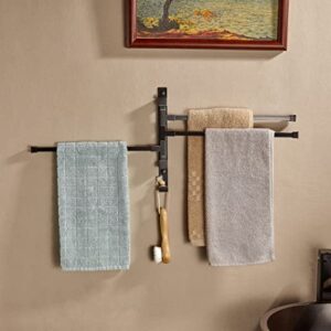 WOLIBEER Bronze Towel Bar,Swivel Towel Rack 3 Arm Oil Rubbed Towel Holder with Hooks Rustic Bathroom Towel Hanger Stainless Steel Bath Accessories Wall Mounted