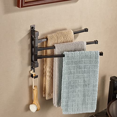 WOLIBEER Bronze Towel Bar,Swivel Towel Rack 3 Arm Oil Rubbed Towel Holder with Hooks Rustic Bathroom Towel Hanger Stainless Steel Bath Accessories Wall Mounted