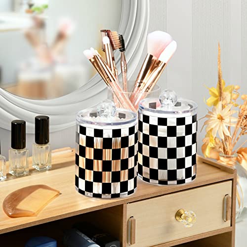 Plaaee Black White Buffalo Check Plaid 2 Pack Qtip Holder Dispenser for Cotton Ball Swab Round Pads Floss 10 oz Clear Plastic Apothecary Jar Set for Bathroom Canister Storage Organization Vanity Makeu