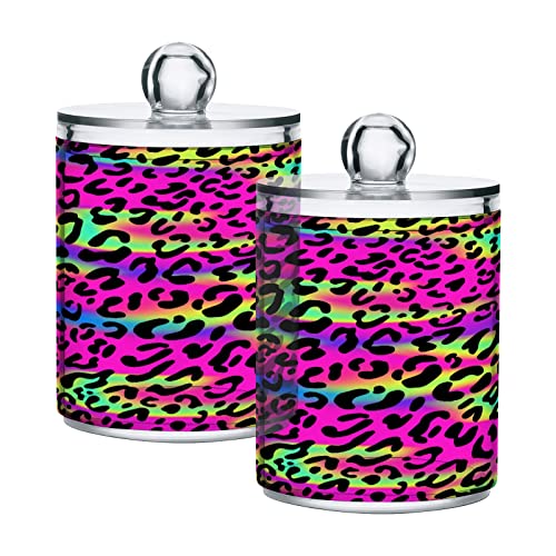 ALAZA Rainbow Leopard Print 4 Pack Qtip Holder Dispenser with Lid 14 Oz Clear Plastic Apothecary Jar Containers Jars Bathroom for Cotton Swab, Ball, Pads, Floss, Vanity Makeup Organizer