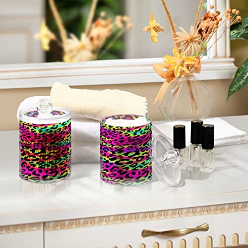 ALAZA Rainbow Leopard Print 4 Pack Qtip Holder Dispenser with Lid 14 Oz Clear Plastic Apothecary Jar Containers Jars Bathroom for Cotton Swab, Ball, Pads, Floss, Vanity Makeup Organizer