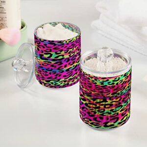 ALAZA Rainbow Leopard Print 4 Pack Qtip Holder Dispenser with Lid 14 Oz Clear Plastic Apothecary Jar Containers Jars Bathroom for Cotton Swab, Ball, Pads, Floss, Vanity Makeup Organizer