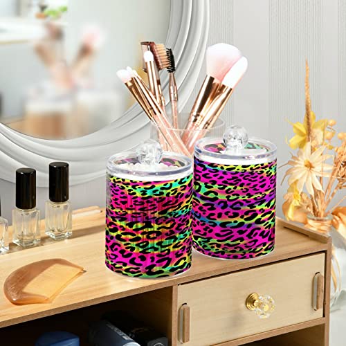 ALAZA Rainbow Leopard Print 4 Pack Qtip Holder Dispenser with Lid 14 Oz Clear Plastic Apothecary Jar Containers Jars Bathroom for Cotton Swab, Ball, Pads, Floss, Vanity Makeup Organizer