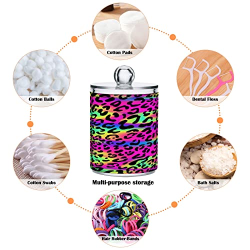 ALAZA Rainbow Leopard Print 4 Pack Qtip Holder Dispenser with Lid 14 Oz Clear Plastic Apothecary Jar Containers Jars Bathroom for Cotton Swab, Ball, Pads, Floss, Vanity Makeup Organizer