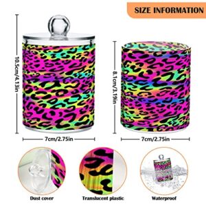 ALAZA Rainbow Leopard Print 4 Pack Qtip Holder Dispenser with Lid 14 Oz Clear Plastic Apothecary Jar Containers Jars Bathroom for Cotton Swab, Ball, Pads, Floss, Vanity Makeup Organizer